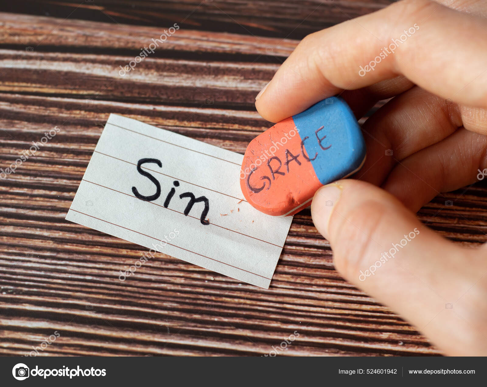 Handwritten Word Sin Hand Holding Rubber Eraser Grace Text Wooden Stock ...