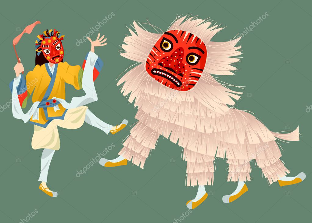 Talchum. Ritual tradicional danza de máscara coreana. Baile del león. 2022