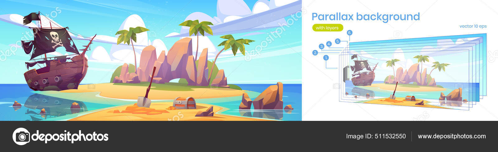 Parallax background with pirate ship and treasure Stock Vector Image by ...