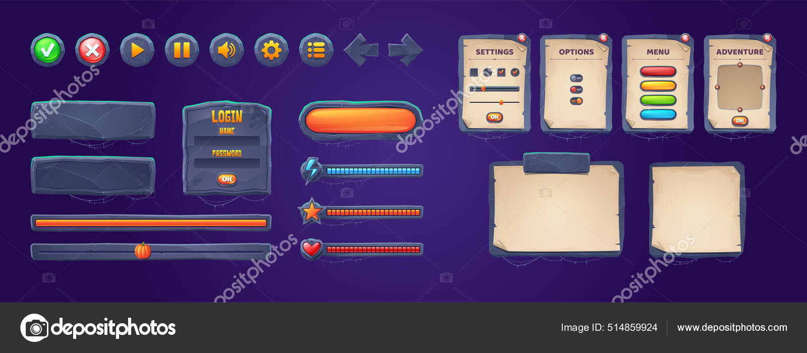 Set of game stone frames, bars, ui scrolls, boards Stock Vector Image ...
