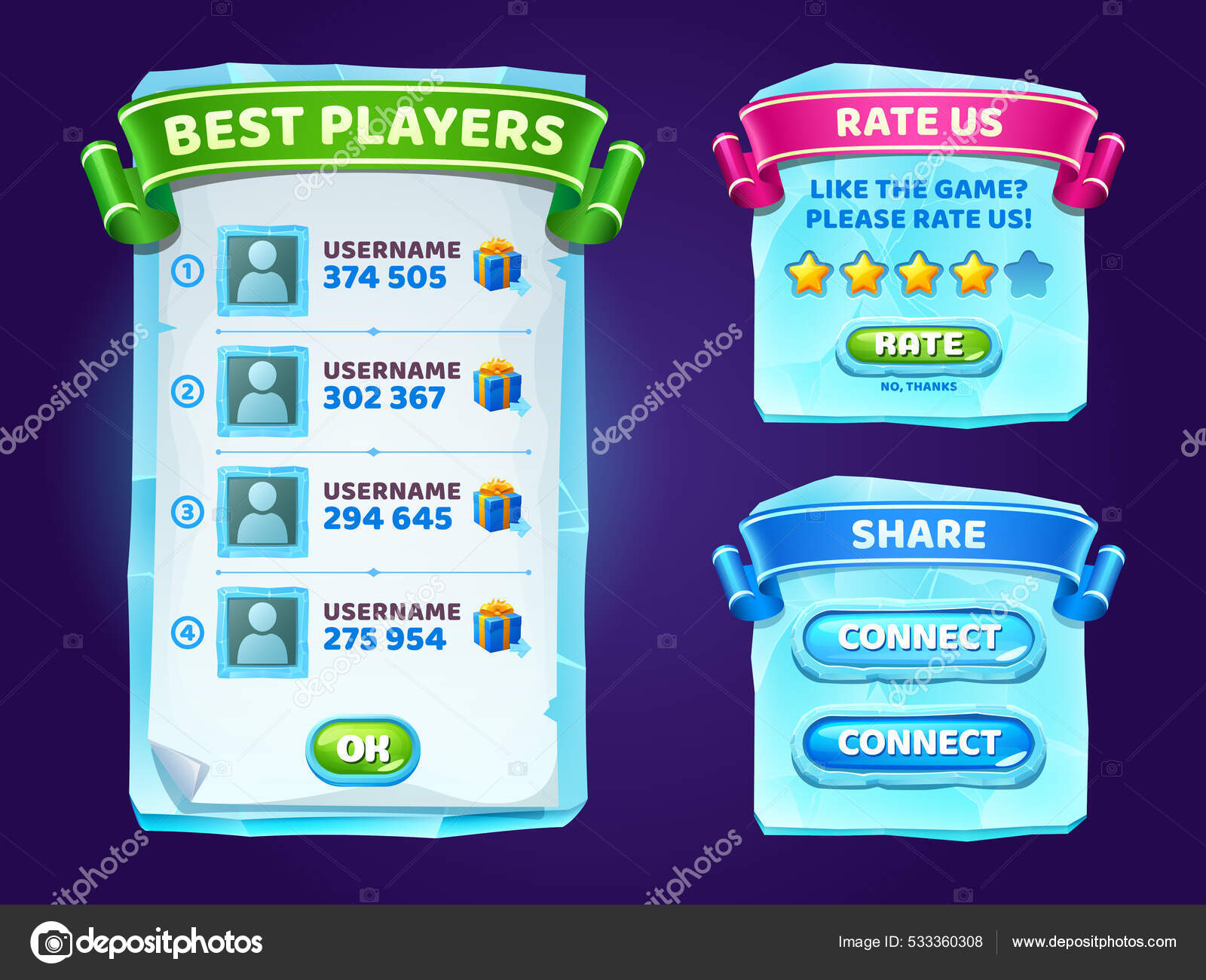 Ice crystals game menu gamer ui panel with buttons Stock Vector by ...