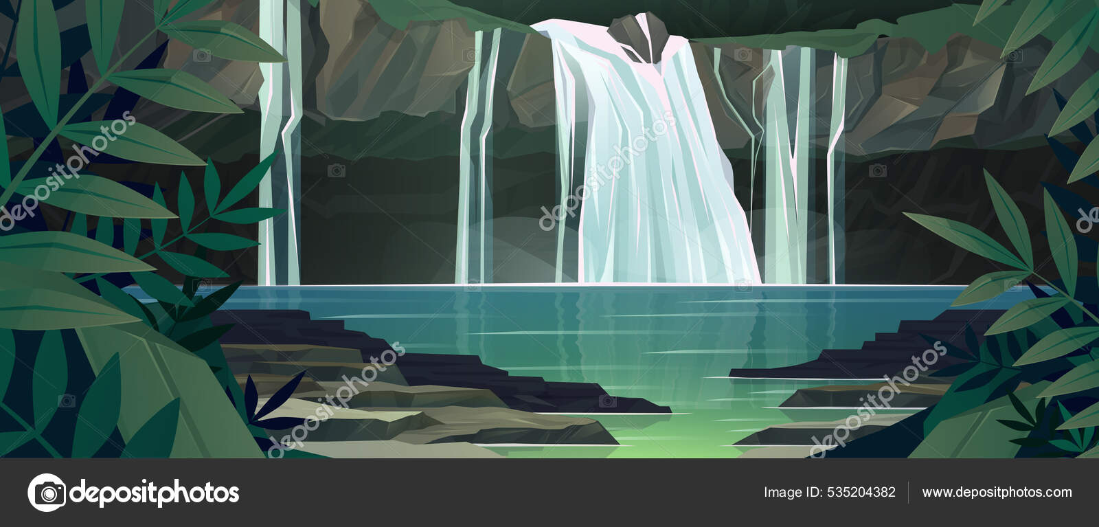 Waterfall in jungle with trees and mountains Stock Vector by ©klyaksun ...