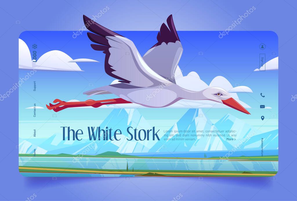 landing page de dibujos animados de cigüeña blanca, pájaro salvaje volando 2022