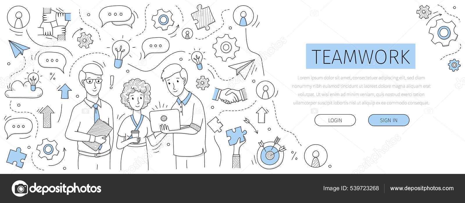 Teamwork landing page with doodle business people Stock Vector by ...