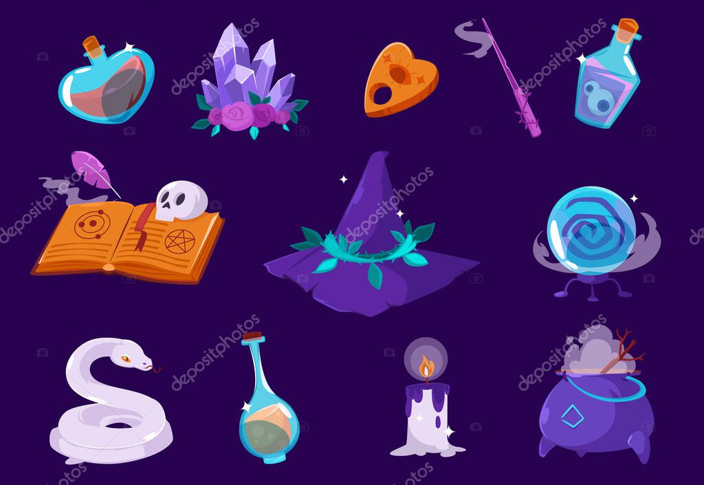 Objetos mágicos de dibujos animados, elementos, iconos aislados ...