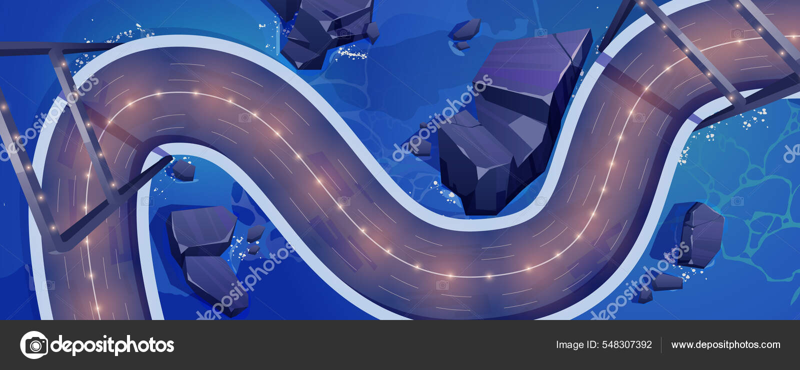 Top View Overpass Car Road Light Markers Night Vector Cartoon Stock ...