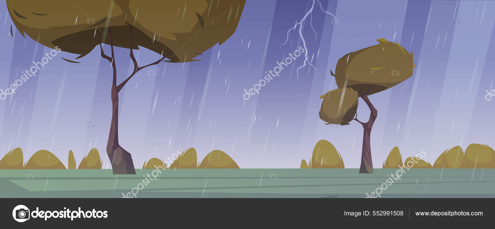 Summer rain cartoon landscape, storm, lightnings Stock Vector Image by ...