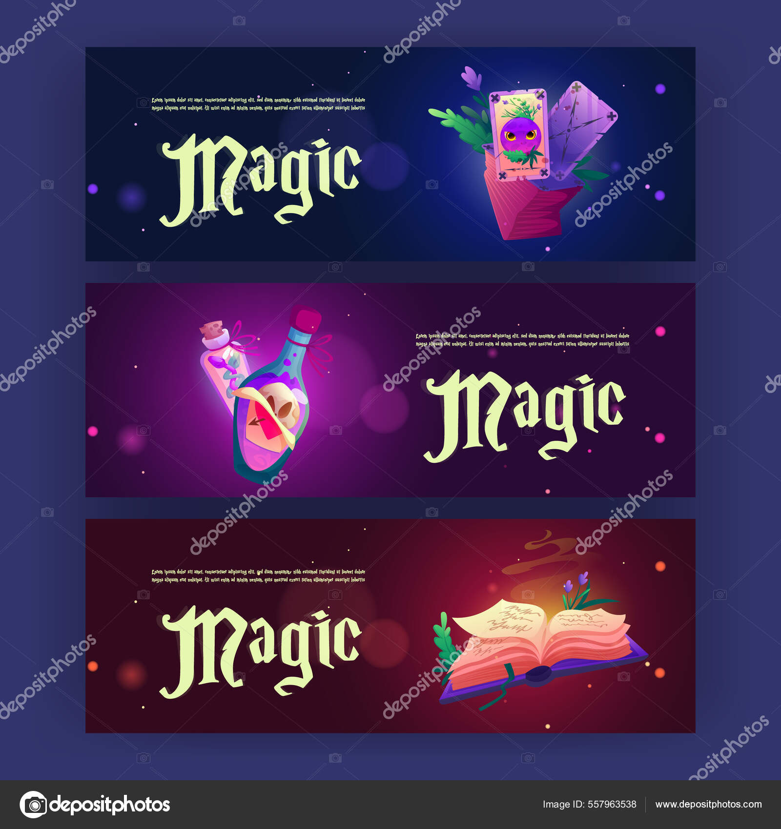 Magic posters with elixir, cards and book of spell Stock Vector Image ...