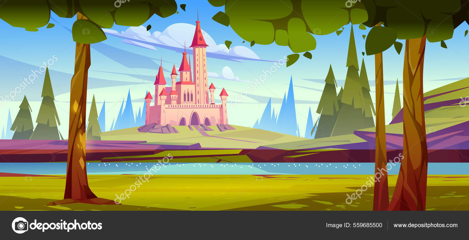 Castillo mágico rosa en la colina verde en la costa del río Vector de ...