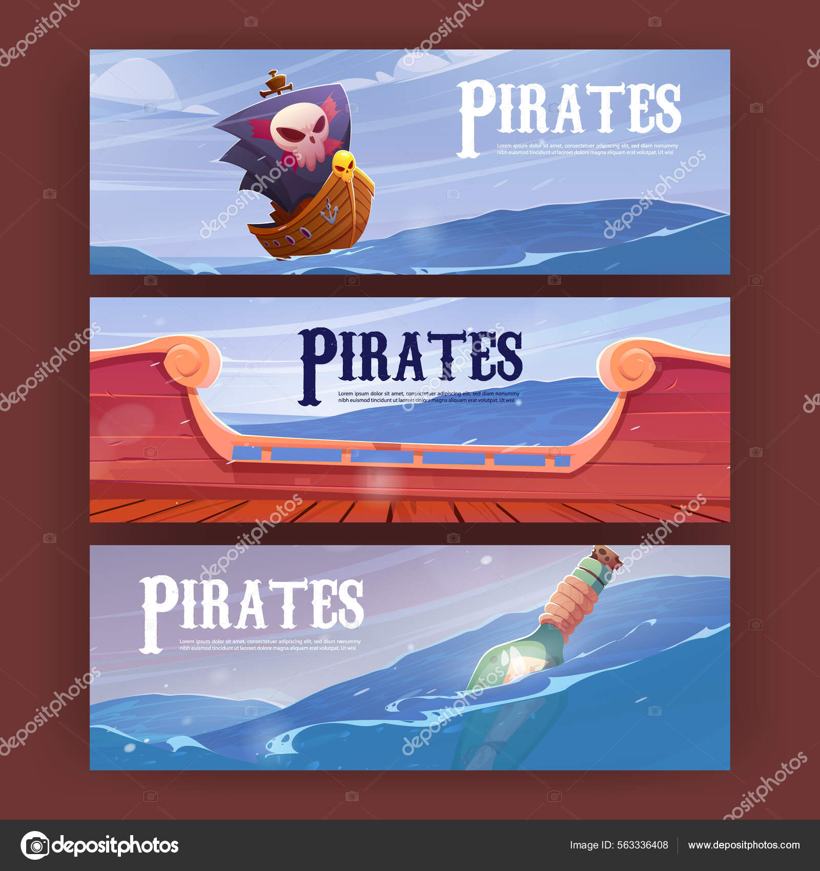 Pirates cartoon banners, ship, deck and bottle Stock Vector by ...