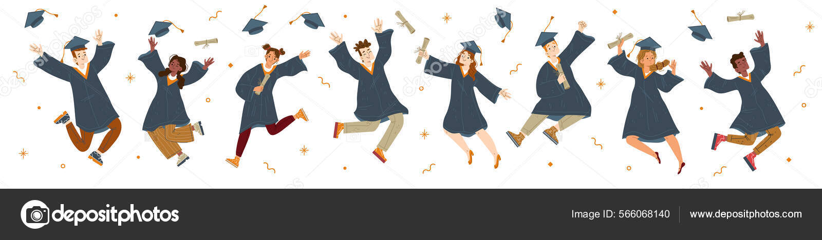 Student graduate jump, characters in gown and cap Stock Vector Image by ...