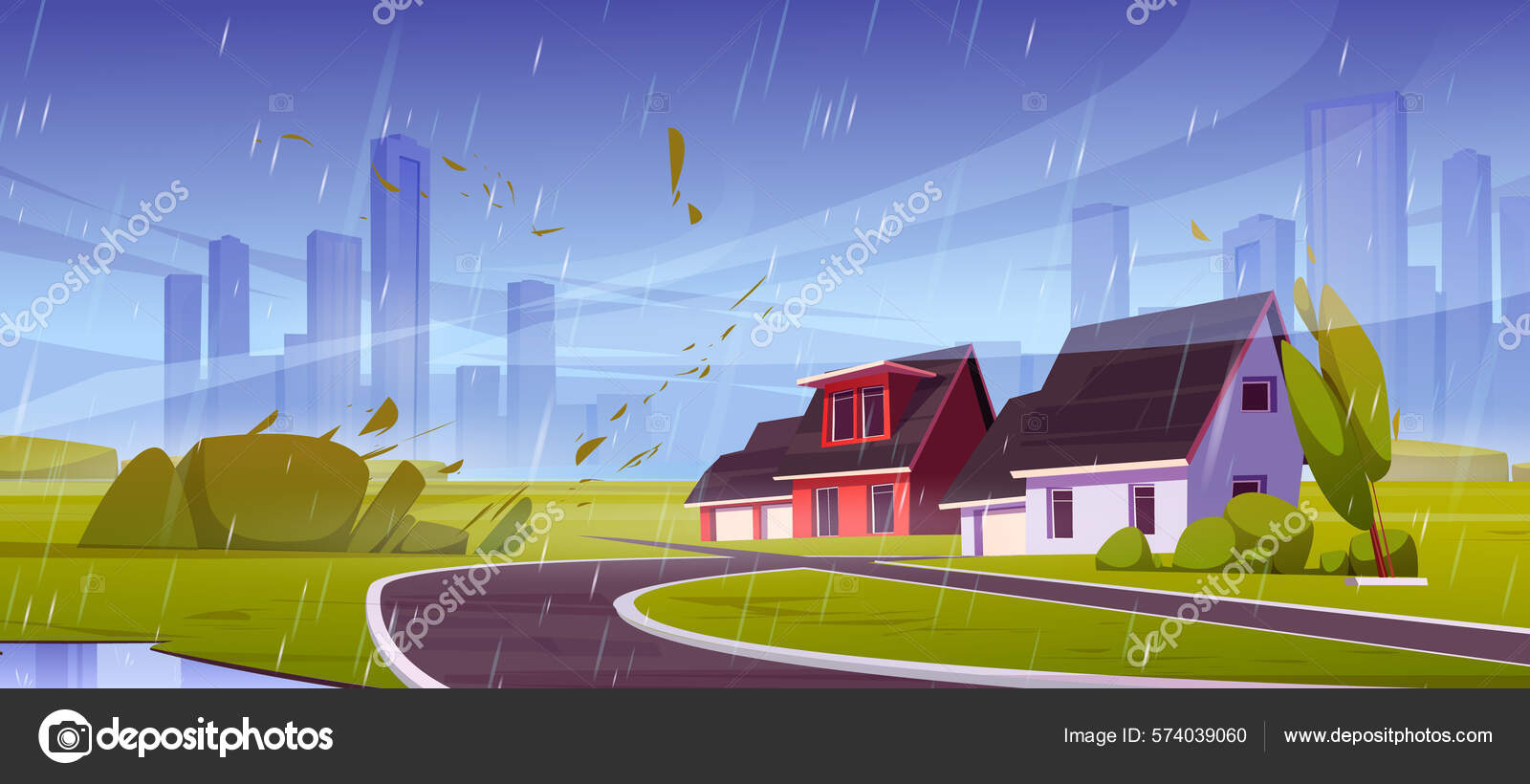 Tormenta Con Viento Lluvia Barrio Suburbio Con Casas Dibujos Animados ...