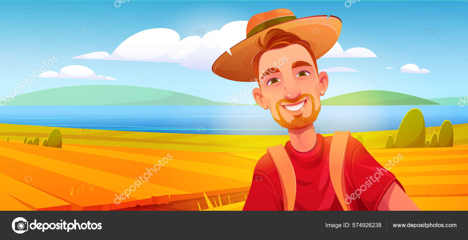 Young Man Smiles Background River Agriculture Fields Vector Cartoon ...
