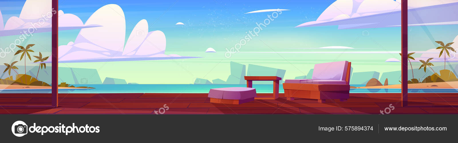 Wooden Terrace Table Couch Tropical Sea Beach Vector Cartoon Panoramic ...