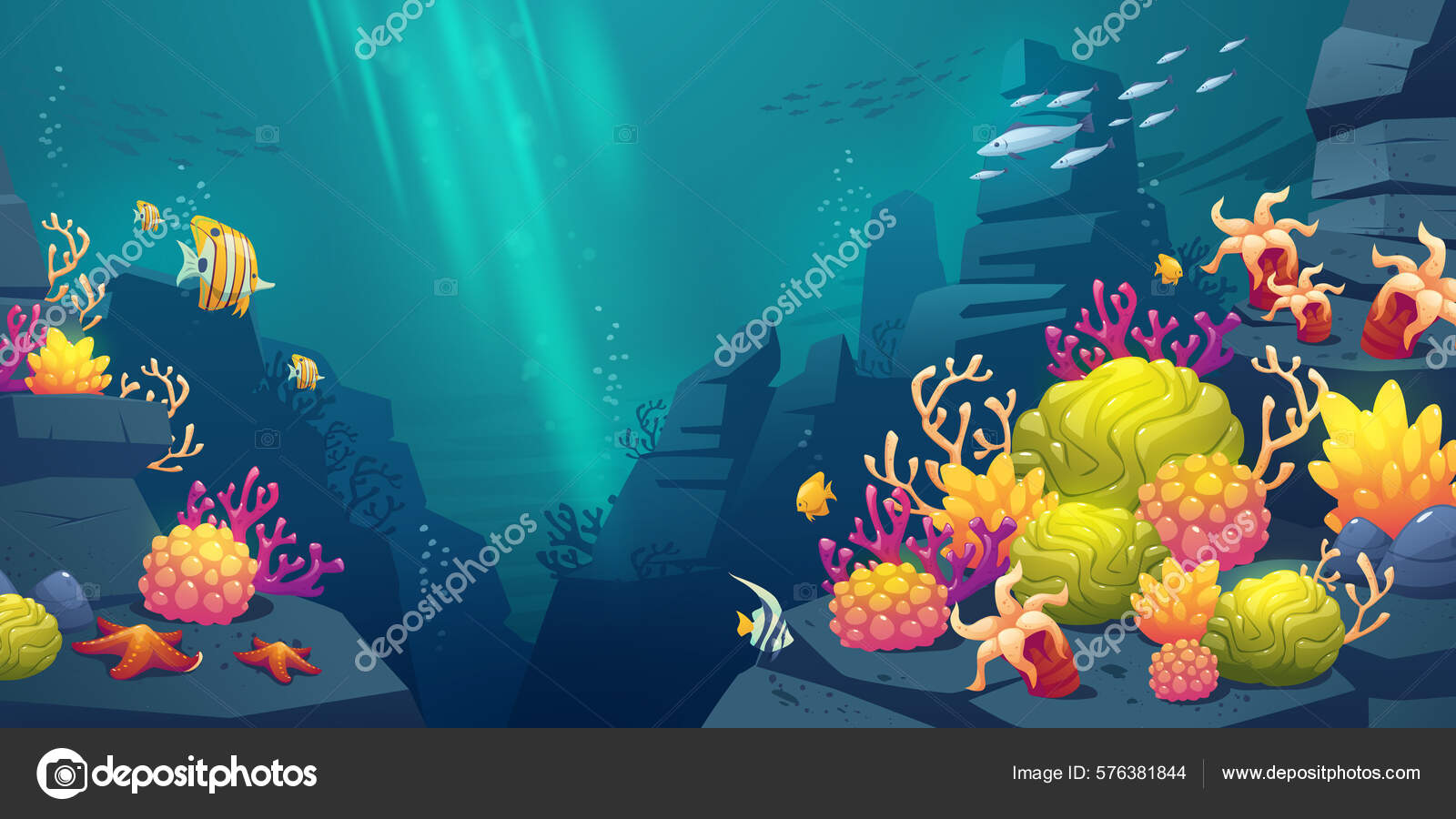 Underwater Sea Reef Landscape Tropical Fish Coral Red Stars Sponges ...