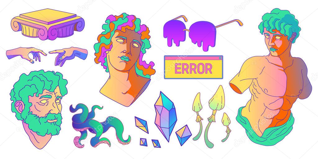 Pegatinas psicodélicas con escultura griega antigua, hongos y cristales ...