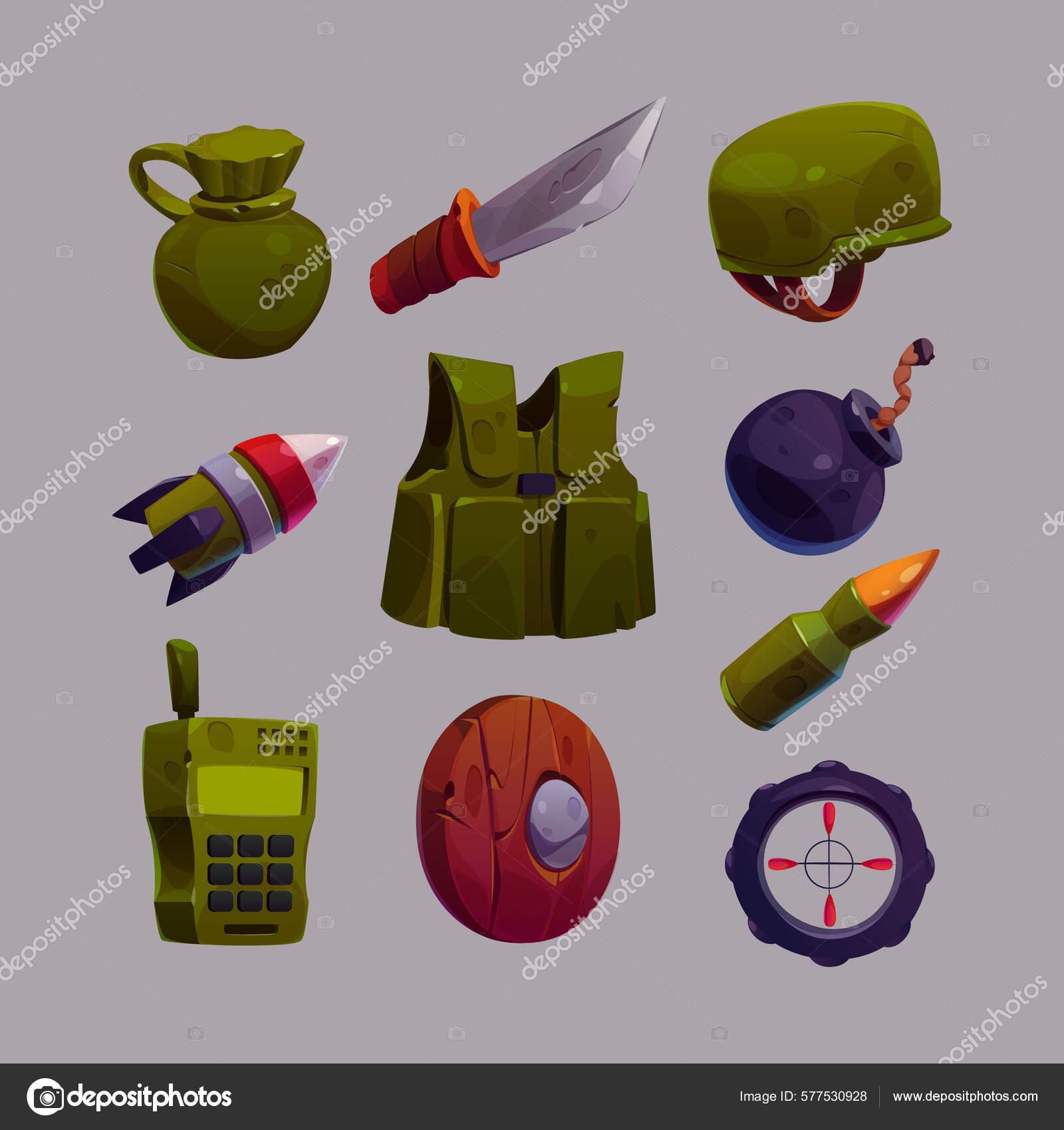 Ikon Permainan Militer Vektor Set Kartun Koleksi Senjata Perang Bom ...