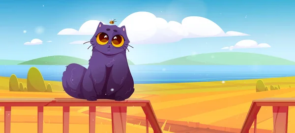 Cute cat sit on wooden terrace fence on rural landscape. Vector cartoon ...