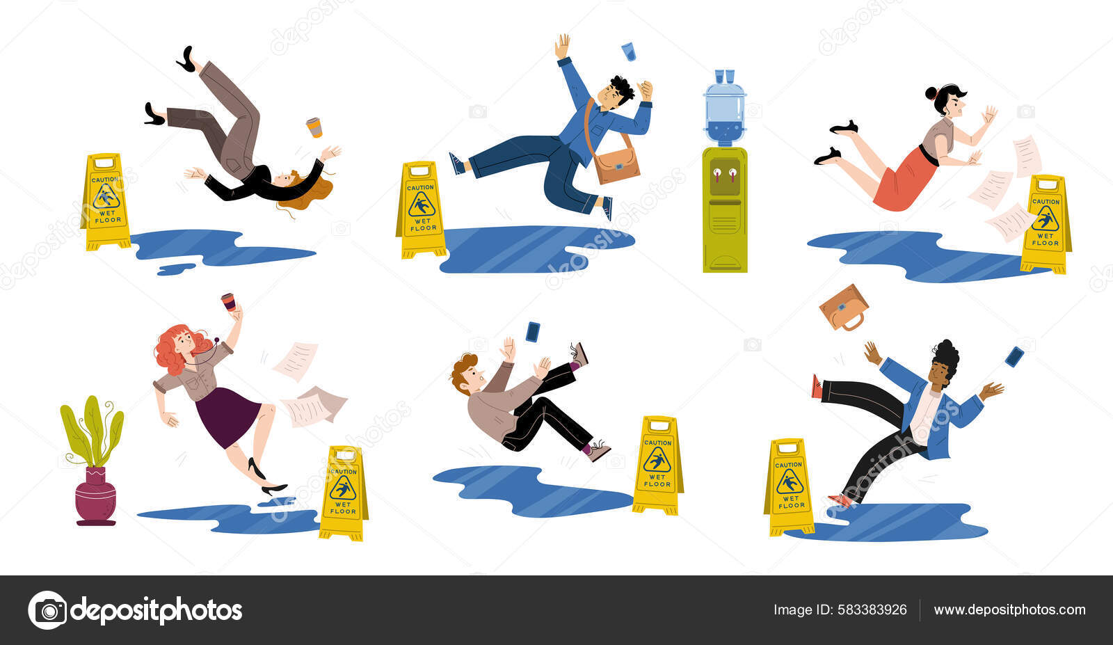 People Slip Fall Wet Floor Office Caution Sign Cooler Water Stock ...