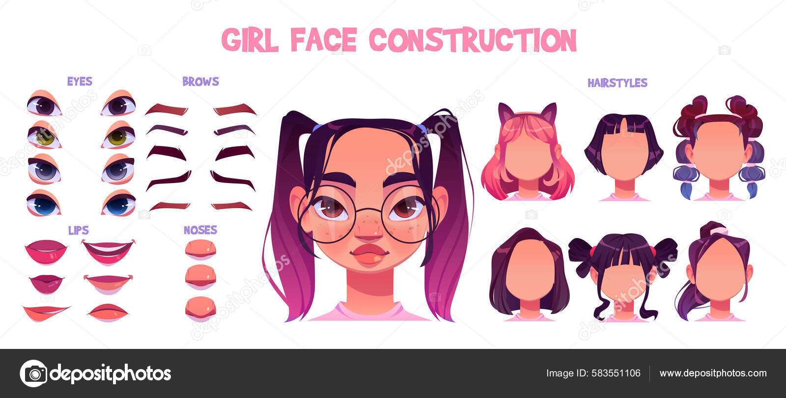 Girl Face Construction Child Avatar Creation Head Parts Isolated White ...