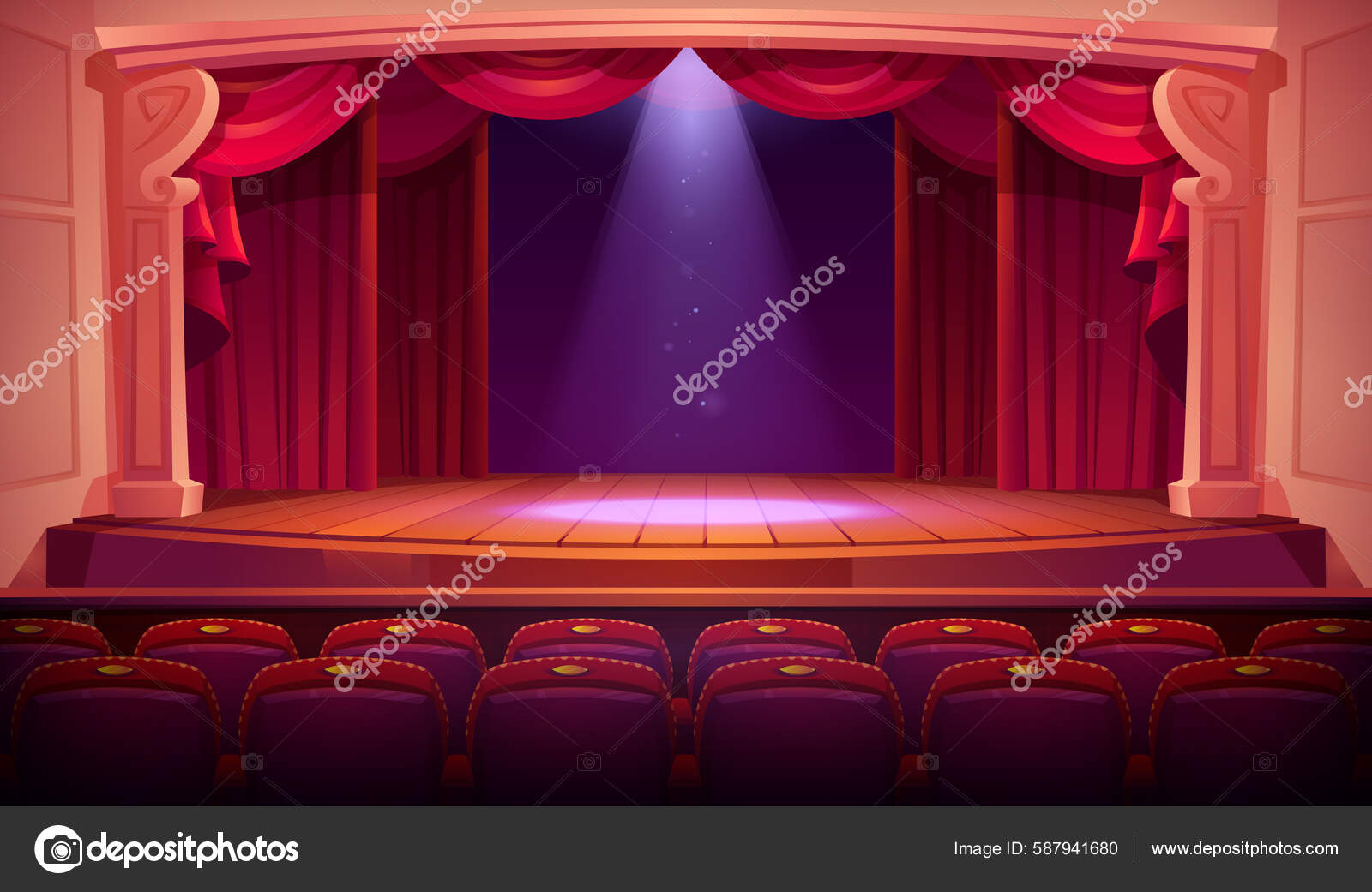 Theater Stage With Red Curtains And Vector Cartoon Illustration Of ...