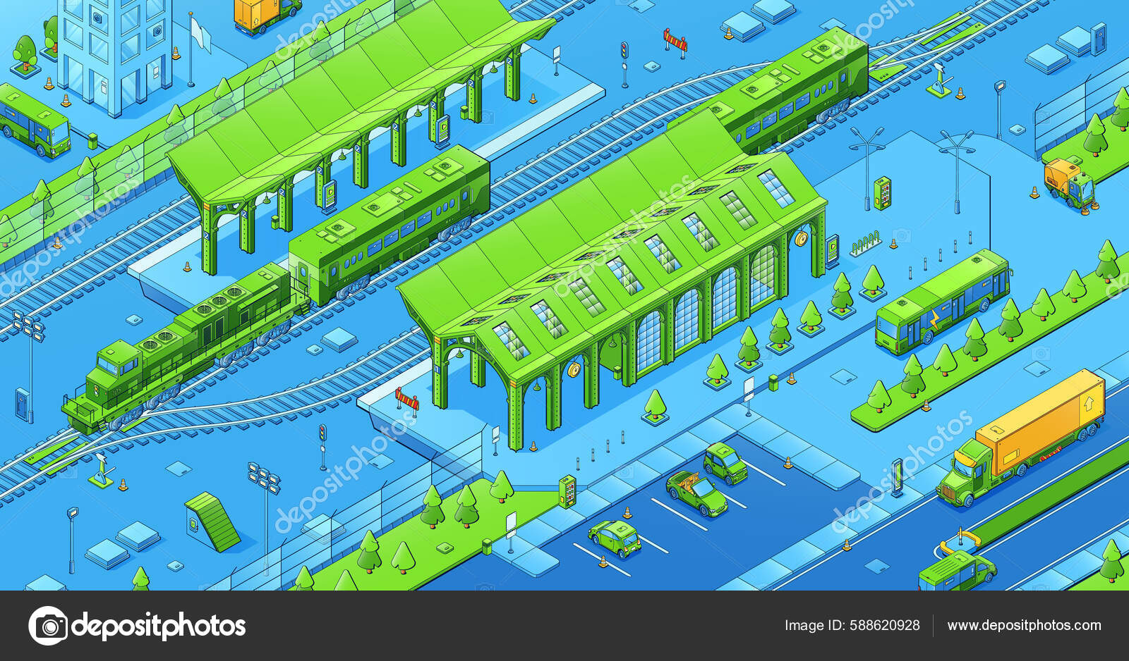 Isometric City Infrastructure Railway Area Trains Terminal Building ...