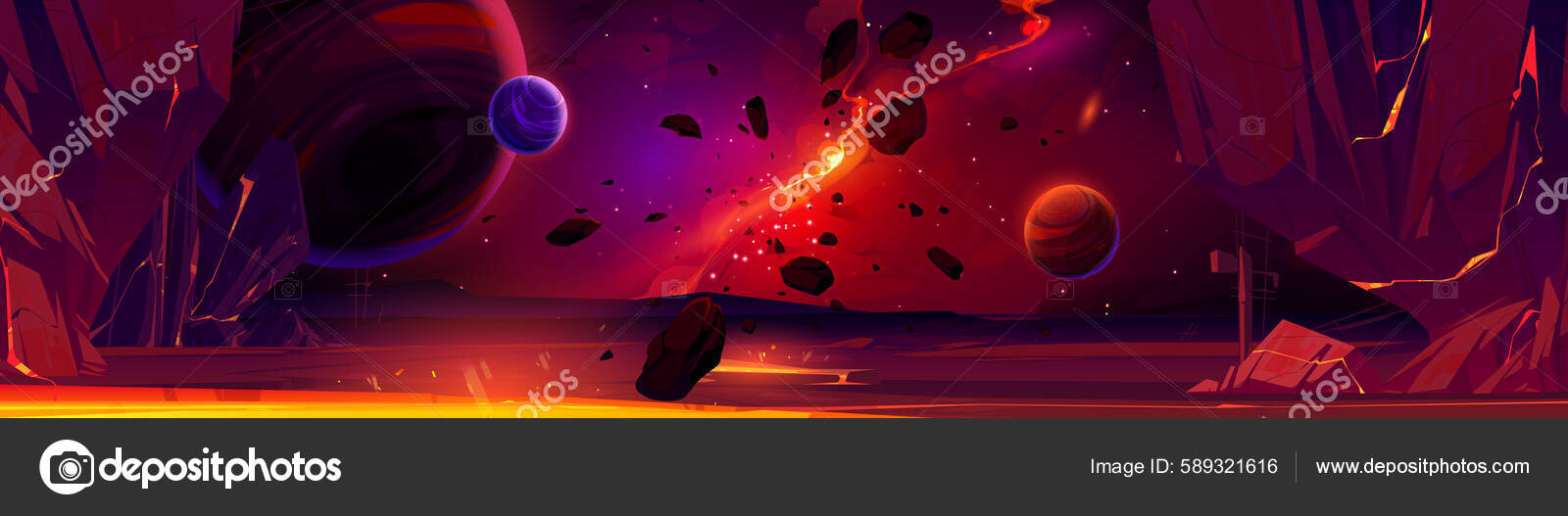 Cartoon Red Space Background Glowing Galaxy Nebula Flying Rocks Planets ...