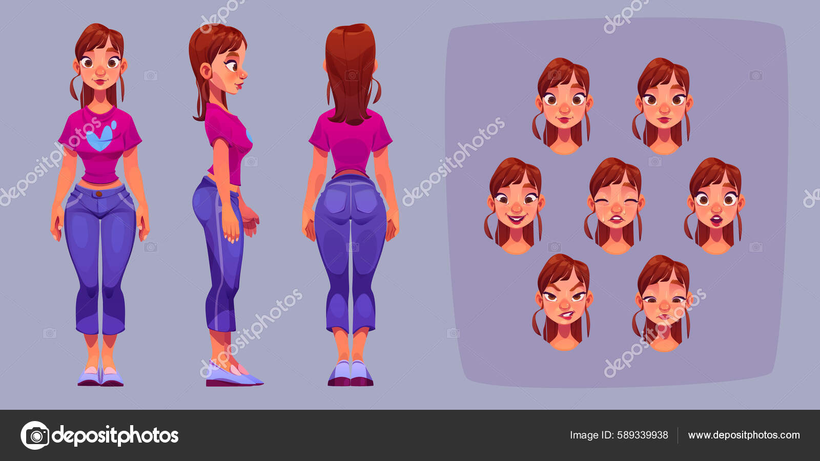 Girl Character Animation Side Rear Front View Emotions Young Caucasian ...