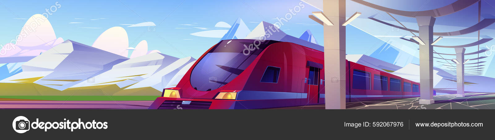 Stasiun Kereta Api Modern Dengan Kereta Api Peron Dan Atap Vektor Stok ...