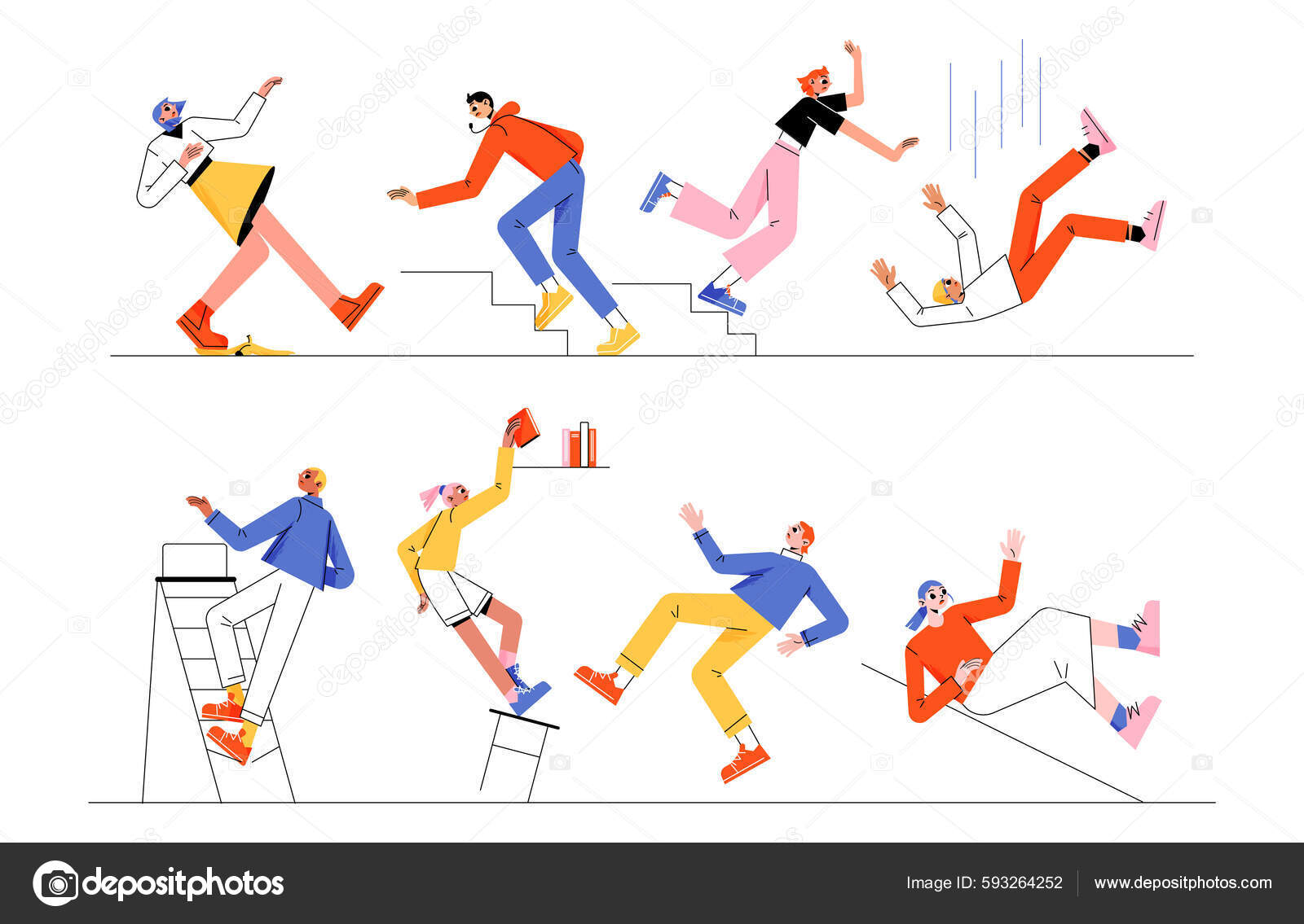 Vector People Falling Stairs Ladder Slippery Floor Cartoon Flat ...