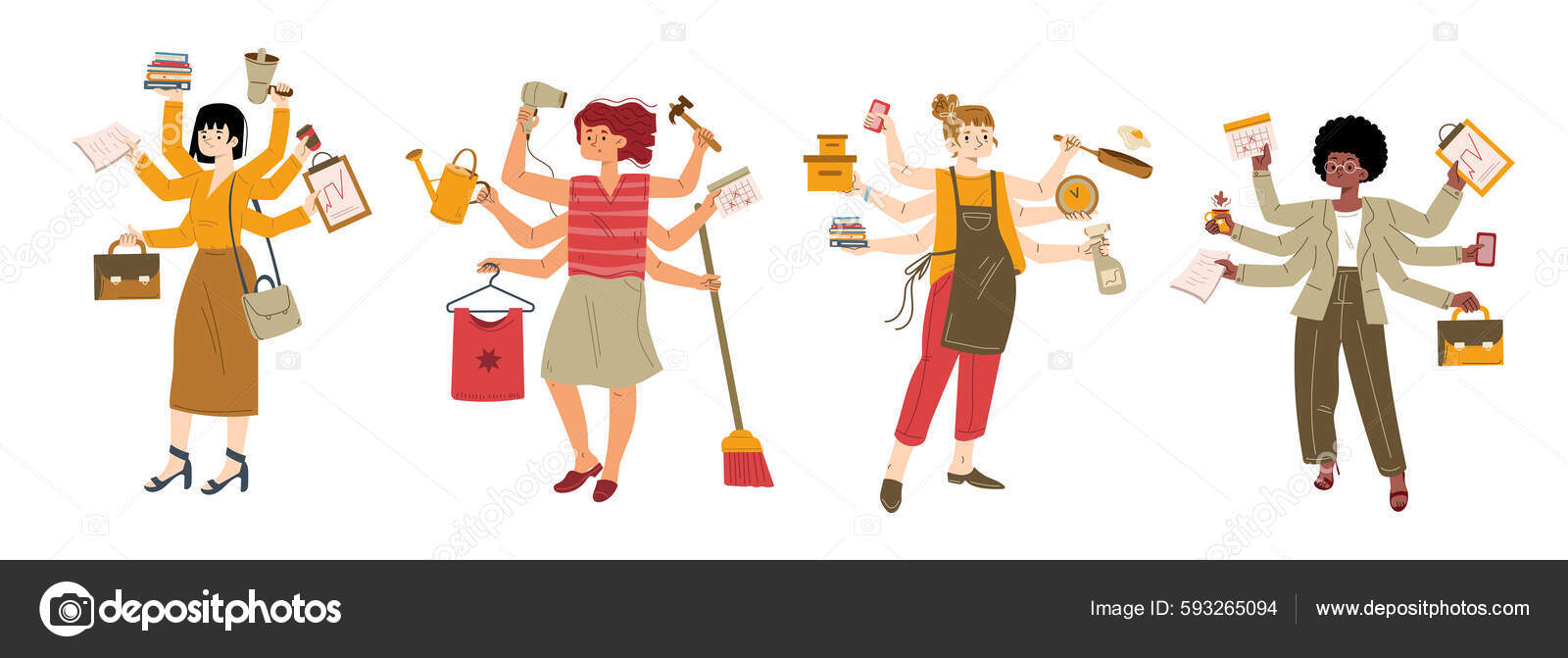 Multitasking Women Doing Many Tasks Cartoon Flat Set Illustration ...
