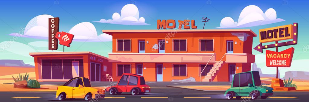 Old motel with cafe and parking in desert. Vector cartoon illustration ...