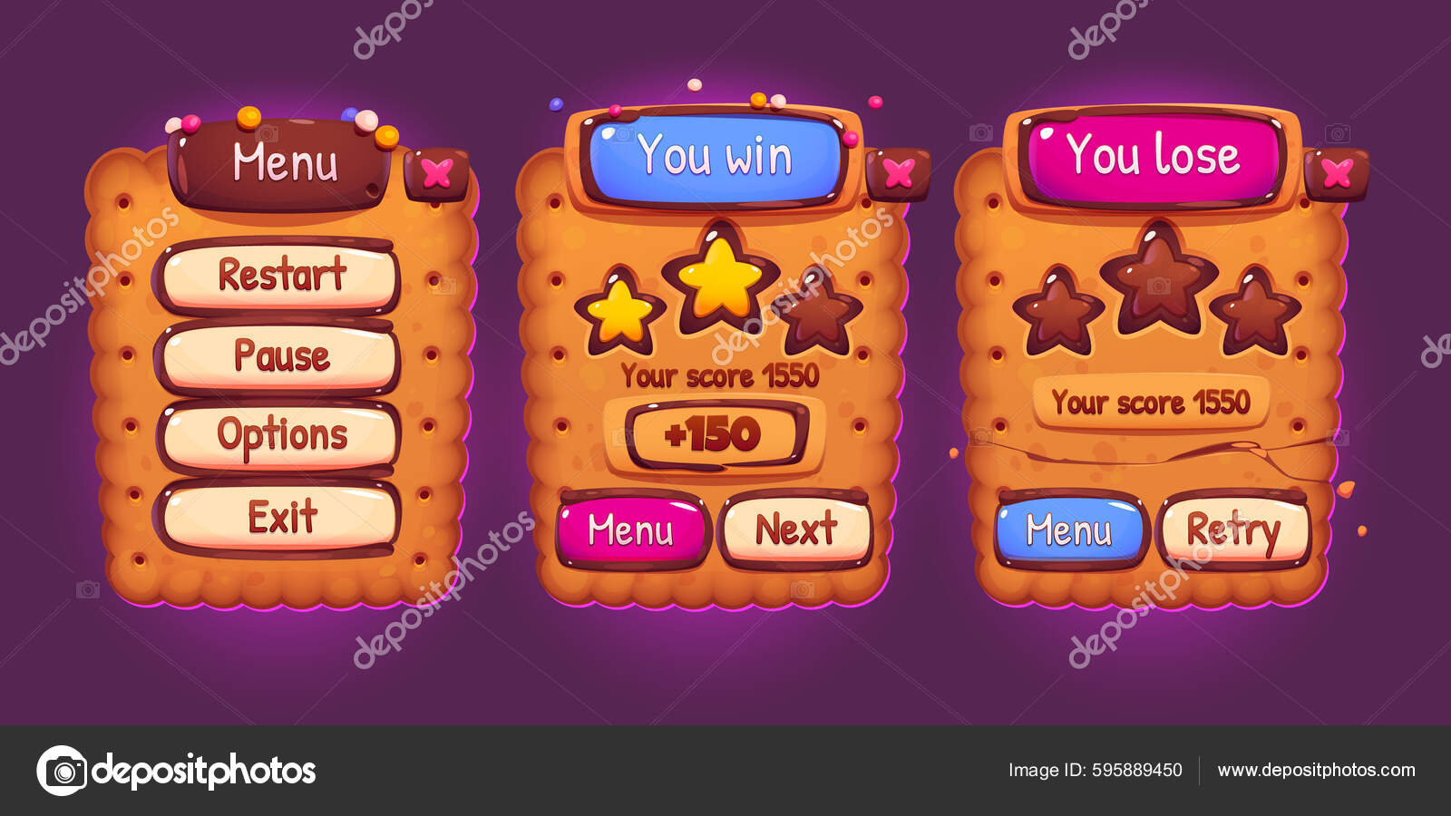 Cookie Game Interface Cartoon Set Vector Illustration Elements Menu ...