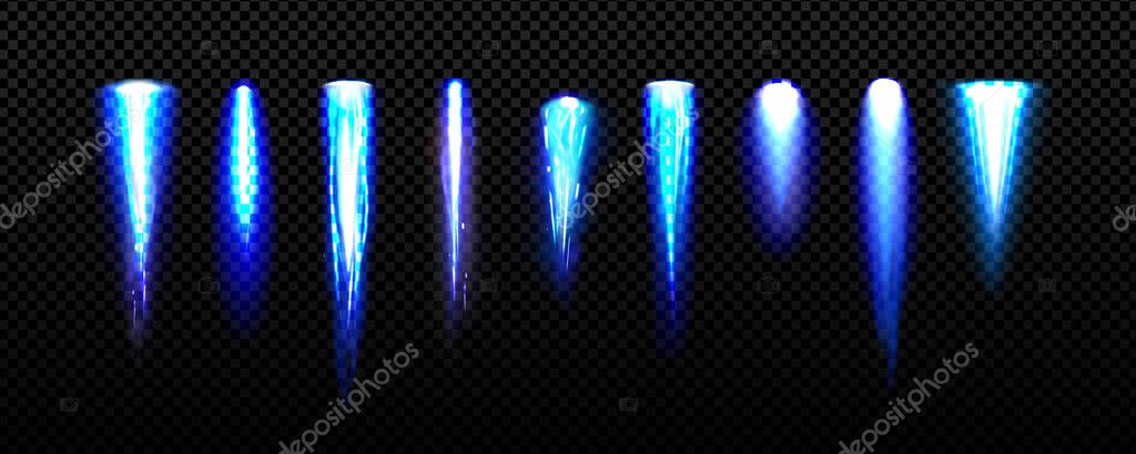 Jetpack light, blue fire flames of space rocket, shuttle launch. Comet ...