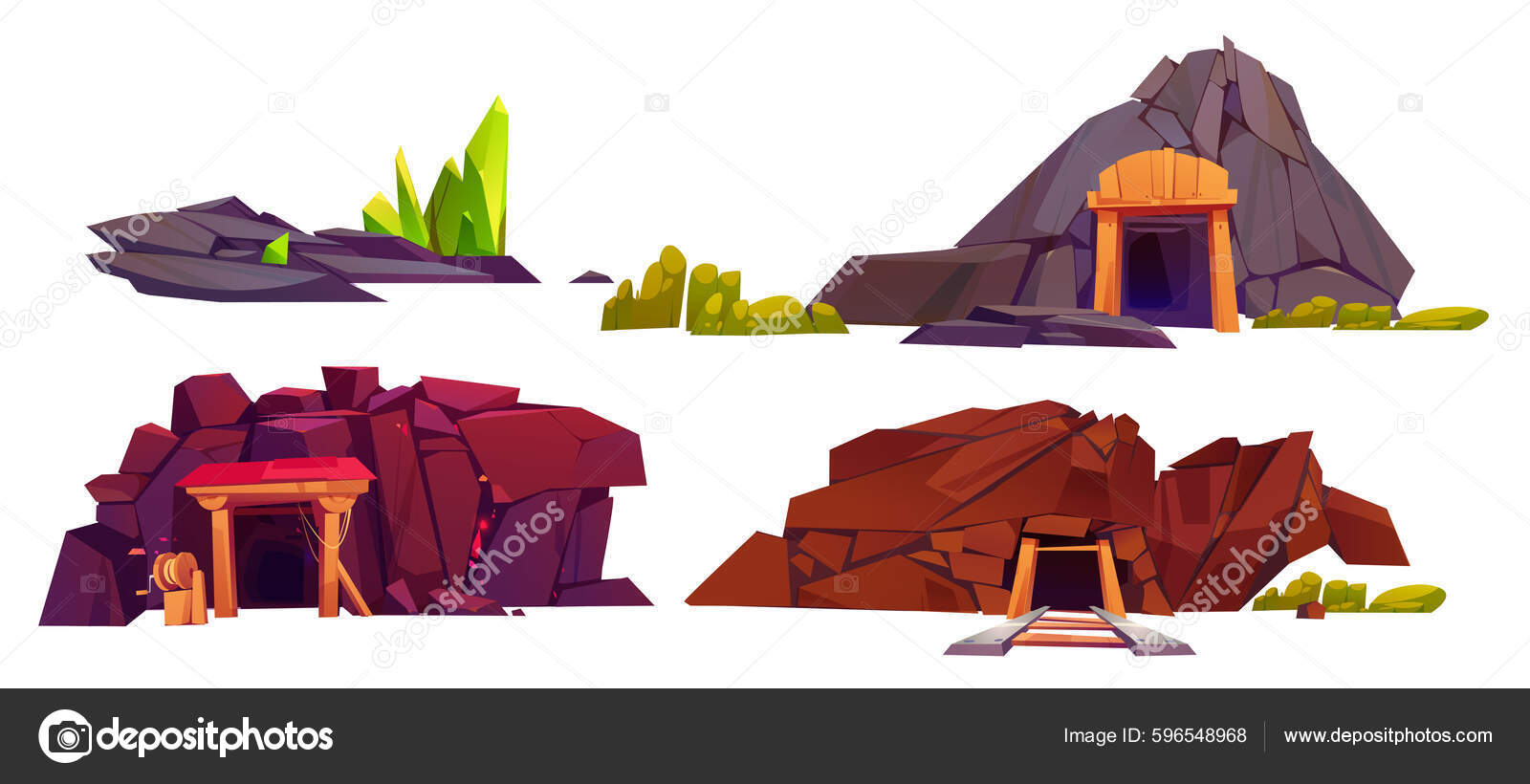 Cartoon Mine Entrance Set Isolated White Background Vector Illustration ...