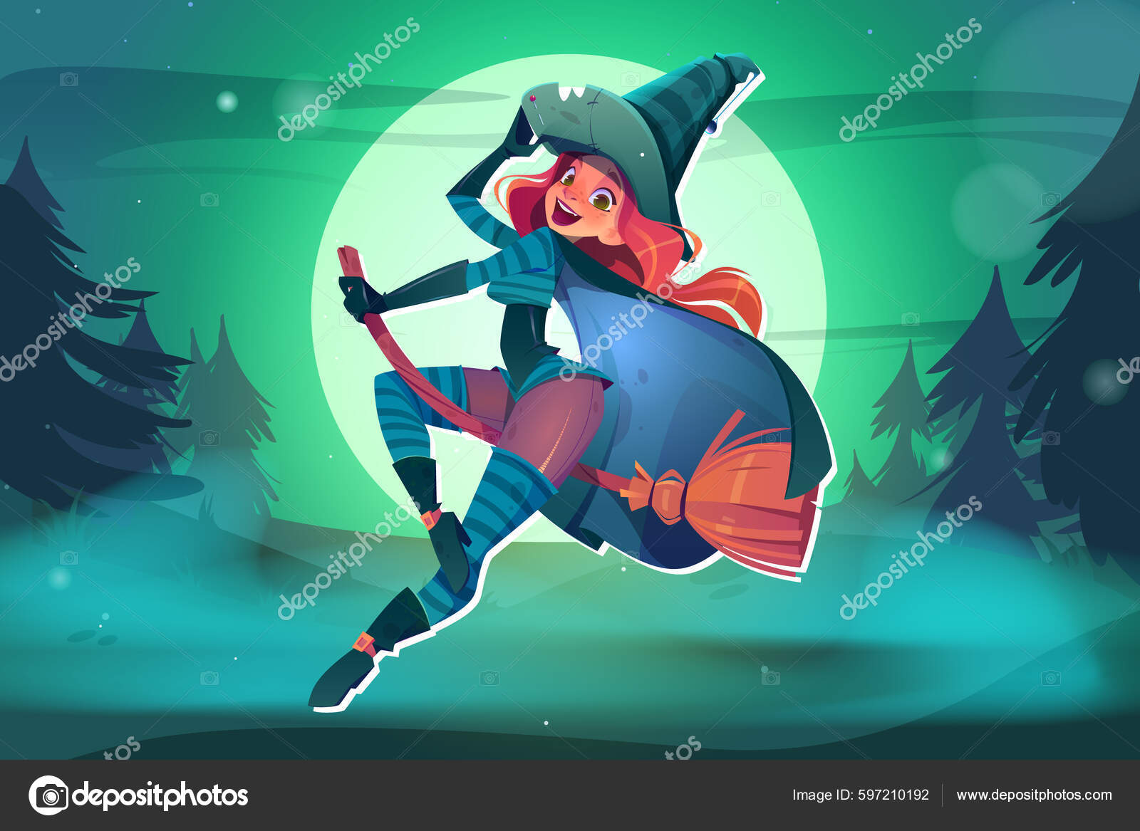 Sexy Witch Flying Broom Full Moon Background Female Cartoon Character Stock Vector Image By