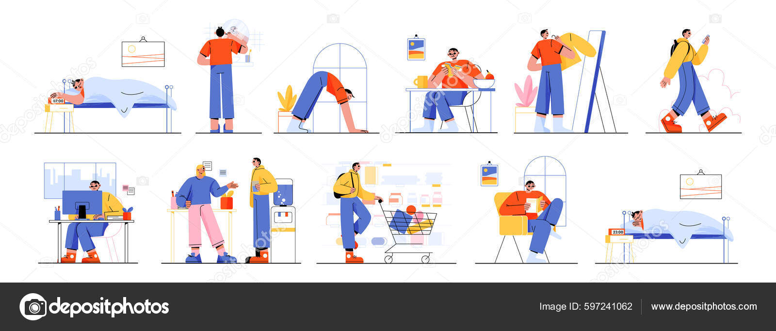 Man Routine Daily Life Schedule Habits Set Male Character Sleep Stock ...