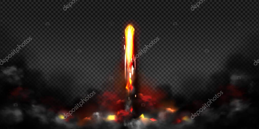 Missile effect, rocket launch fire trail with black smoke, spacecraft ...