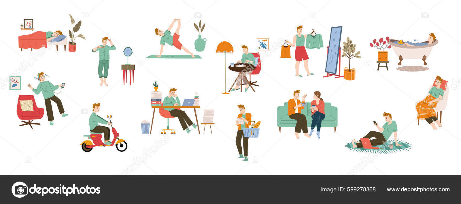 Man Routine Daily Life Schedule Habits Set Male Character Sleep Stock ...