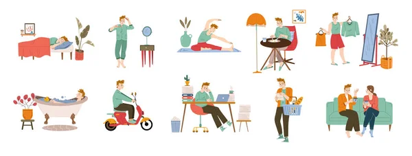 Man Routine Daily Life Schedule Habits Set Male Character Sleep Stock ...