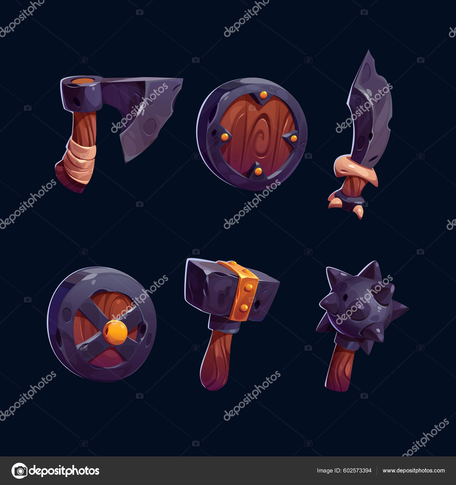 Cartoon Set Ancient Weapons Isolated Black Background Vector ...