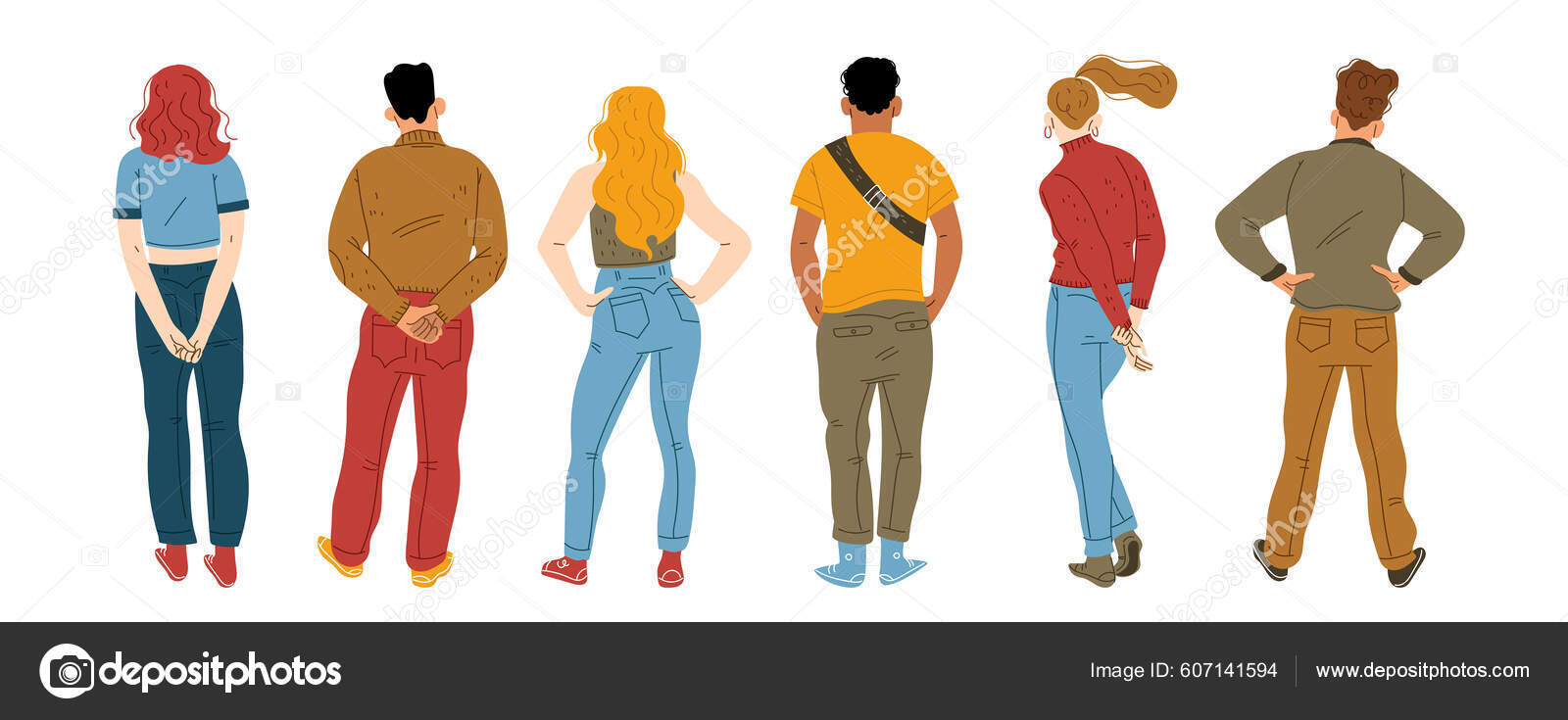 People Male Female Characters Group Stand Row Rear View Isolated Stock ...