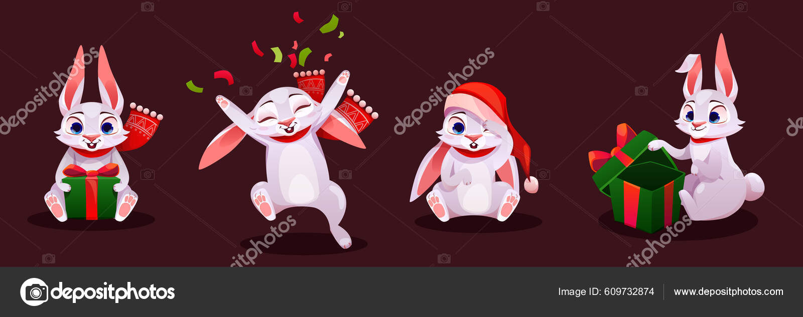 Cartoon Set Cute Christmas Bunnies Isolated Brown Background Vector ...