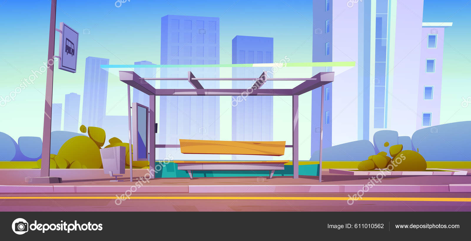 Bus Stop City Station Commuter Transport Glass Shelter Wooden Bench ...