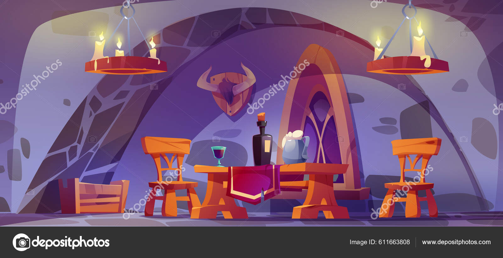 Old Medieval Castle Dungeon Room Wooden Furniture Candles Stained Glass ...