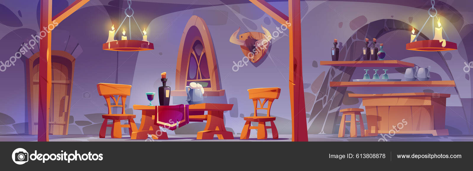 Medieval Tavern Cartoon Vector Illustration Pub Velho Com Paredes Pedra ...