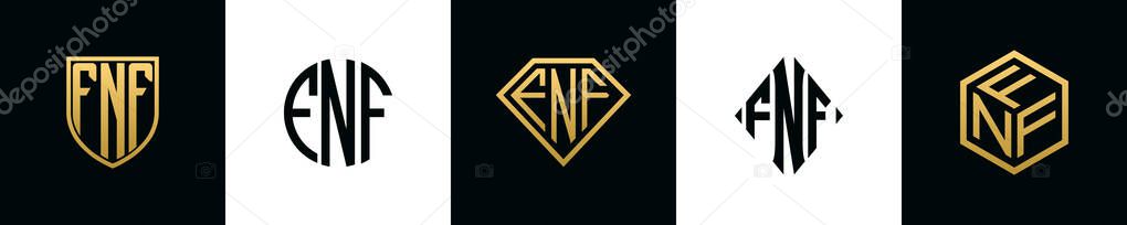 Initial letters FNF logo designs Bundle. This collection incorporated with shield, round ...