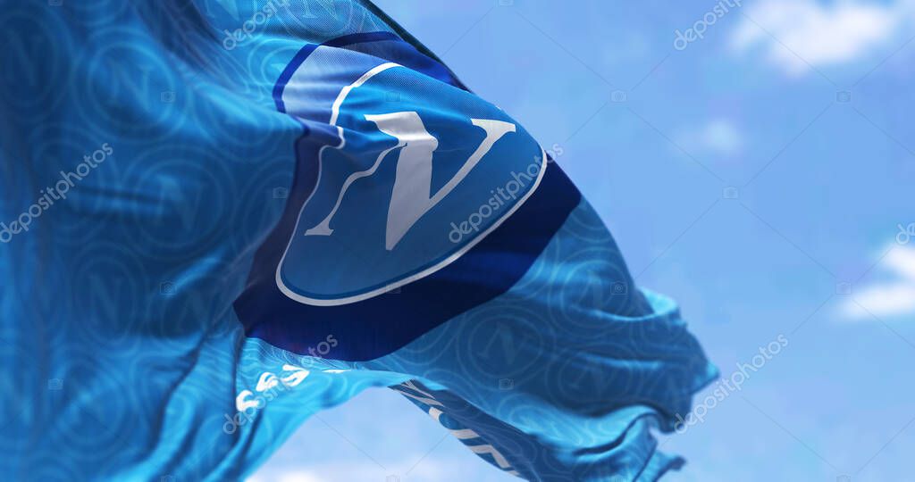 Naples, Italy, July 2022: The flag of SSC Napoli waving. SSC Napoli is ...