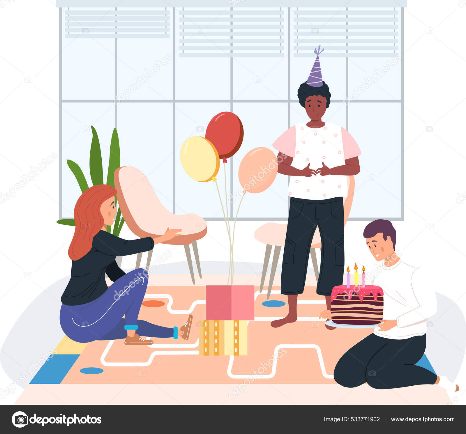 Birthday party, fun entertainment in office. Workers organize holiday ...