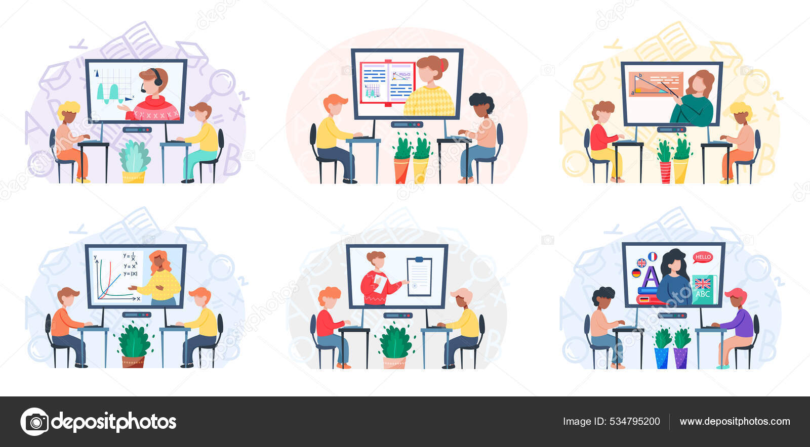 Online learning concept, teacher of math at computer screen and pupil ...